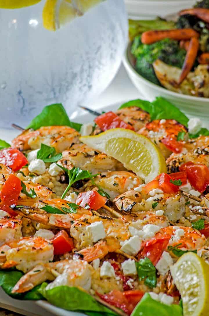 Grilled Shrimp - Greek Style with Feta Cheese, Tomato, Garlic and Parsley.